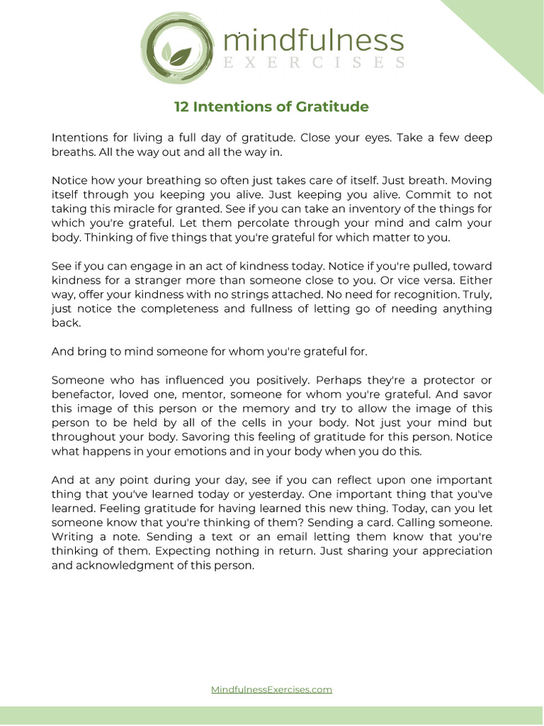 12 Intentions of Gratitude Mindfulness Exercises | PDF