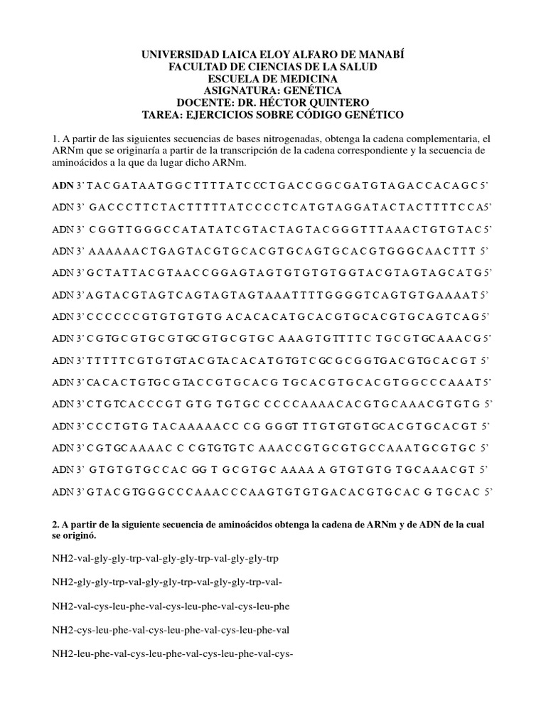 Ejercicios Codigo Genetico | PDF | Adn | Codigo genetico