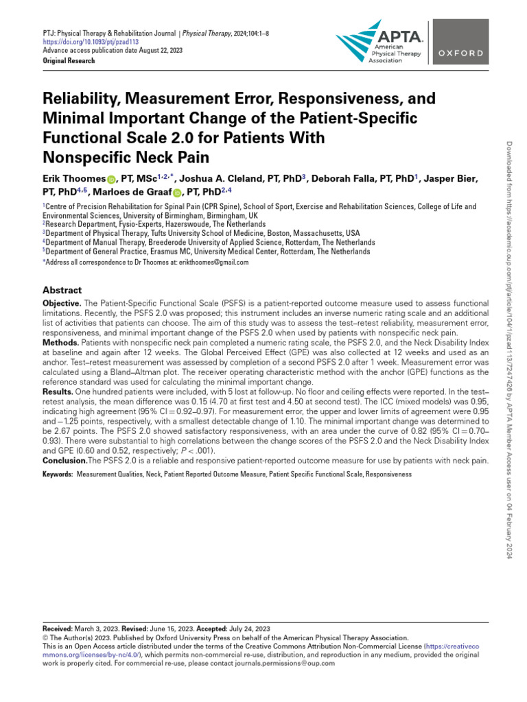 Reliability, Measurement Error, Responsiveness, and Minimal Important Change of Patient-Specific ...