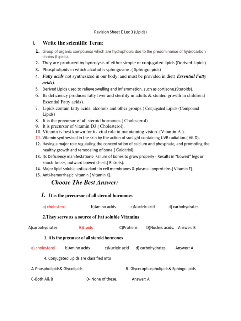 Revision Sheet E Lec 3 Lipids | PDF | Lipid | Fatty Acid