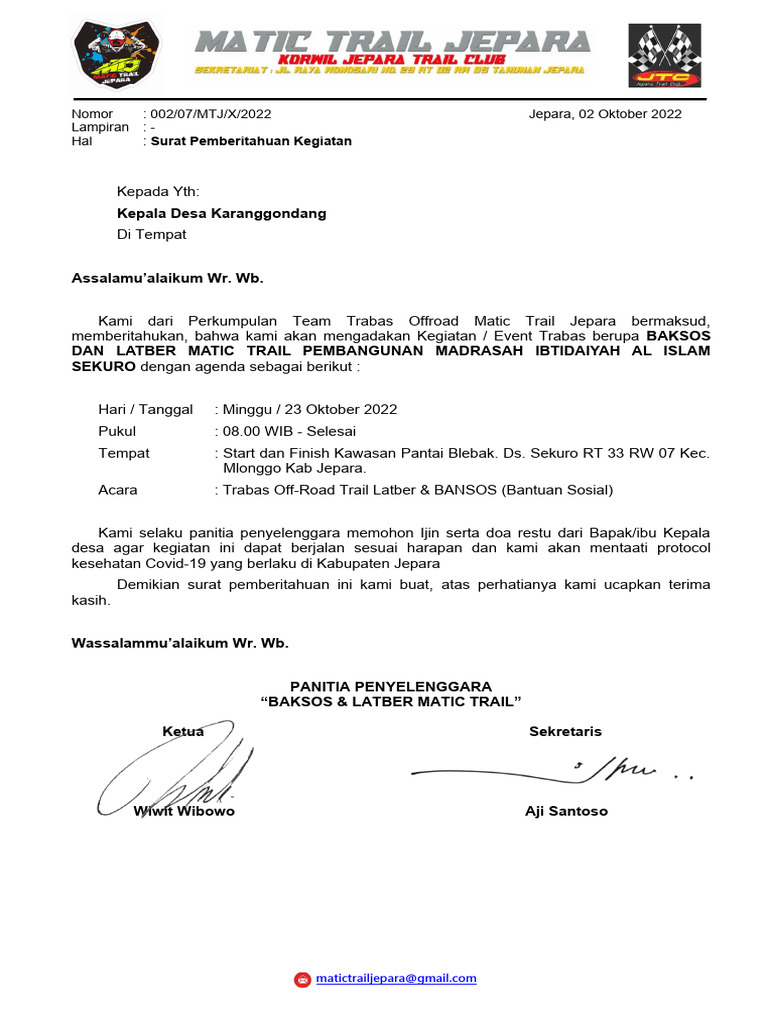 Surat Pemberitahuan Ke Kepala Desa Karanggondang | PDF