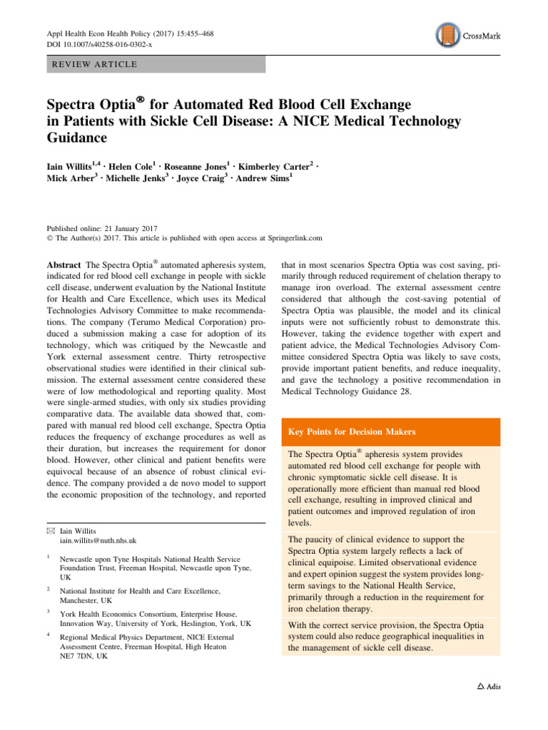 Spectra Optia® For Automated Red Blood Cell Exchange in Patients With Sickle Cell Disease - A ...