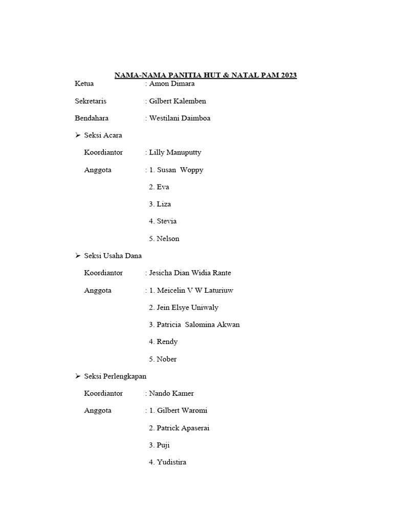Nama-Nama Panitia HUT & Natal PAM 2023 | PDF