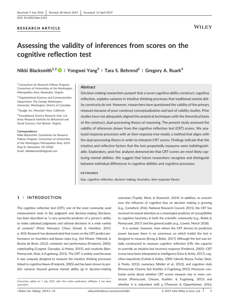 Assessing The Validity of Inferences From Scores On The Cognitive ...