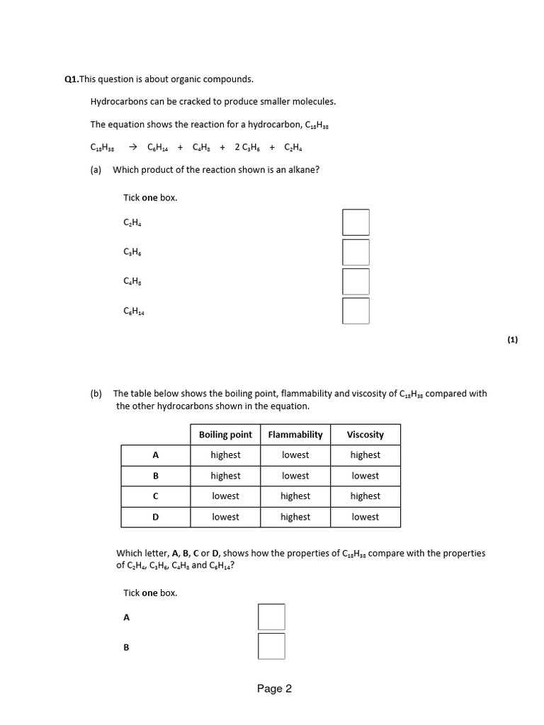 Reactions of Alkenes and Alcohols 2 QP | PDF | Hydrocarbons | Fuels