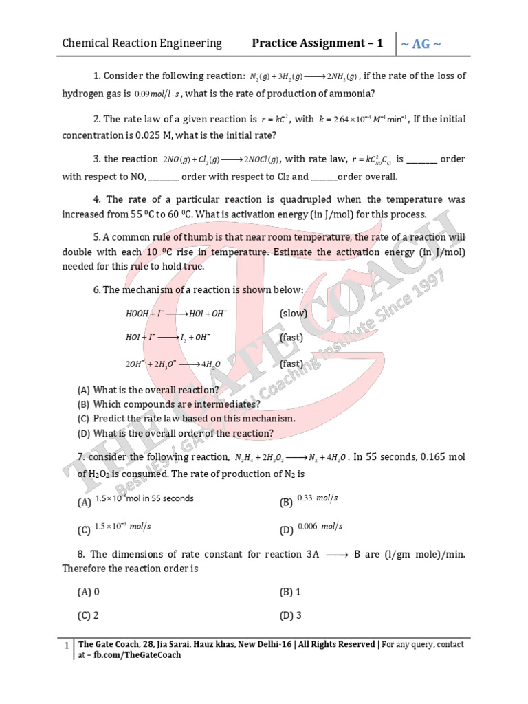 CRE Assignment - 1 (Kinetics - Rate Constant and Mole Balance Over Chemical Reactions With ...