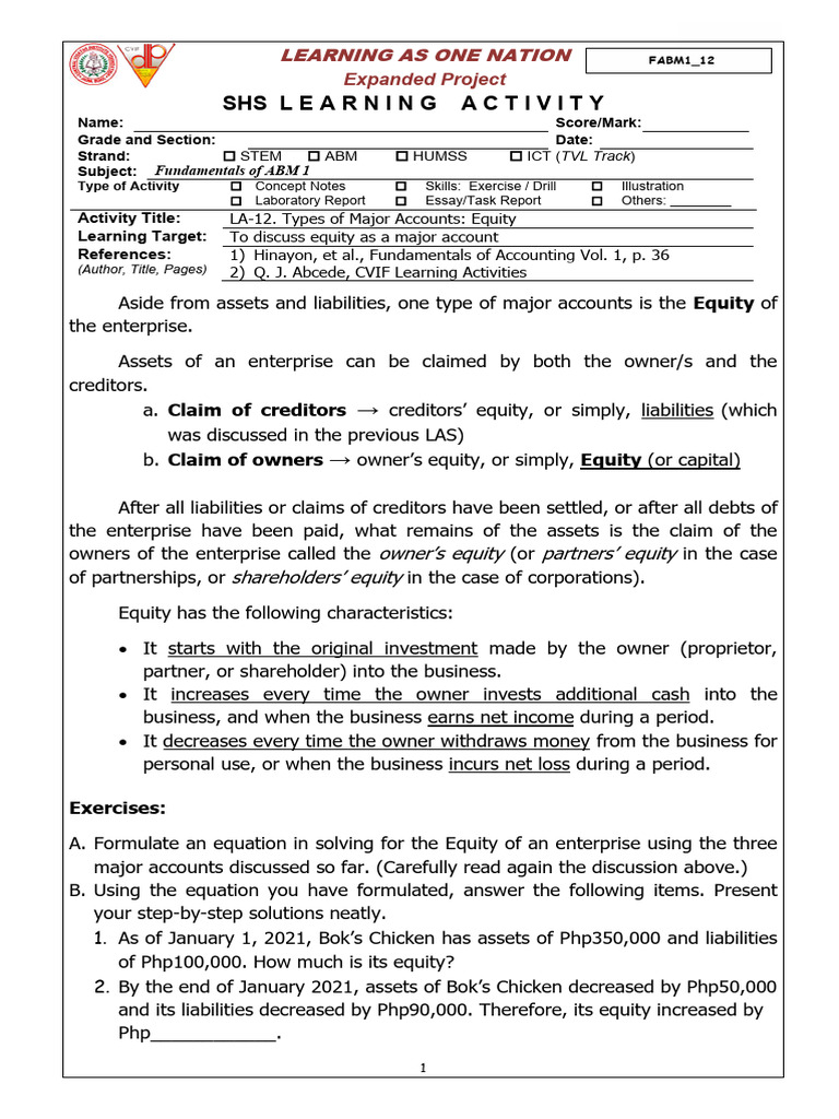 FABM1 LAS 12 Types of Major Accounts - EQUITY | PDF | Equity (Finance ...