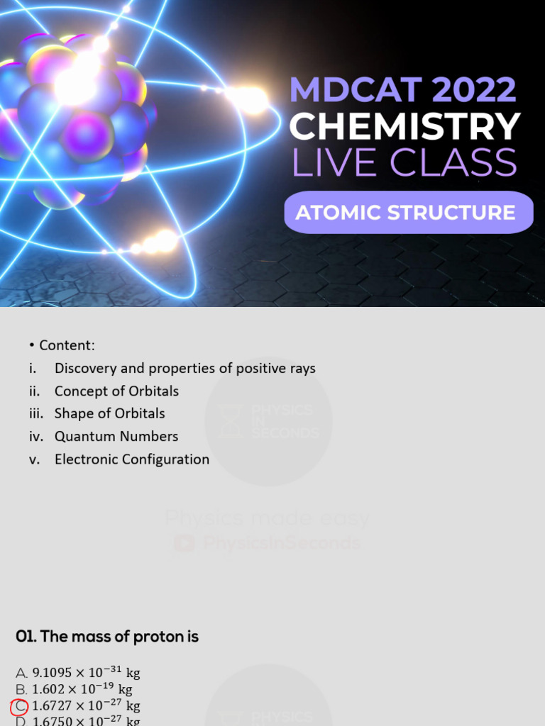 MDCAT 2022 Chemistry Atomic Structure MCQs - 051538 | PDF | Teaching Methods & Materials