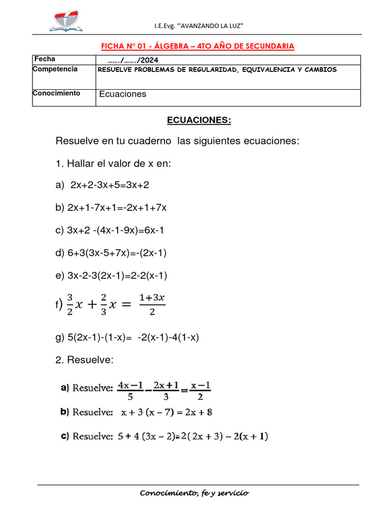 Ficha 1-Álgebra-4to Sec | PDF