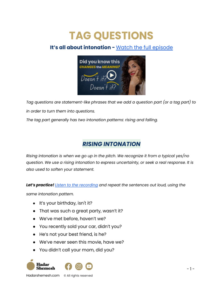 Understanding Tag Questions and Intonation | PDF | Question | Syntax