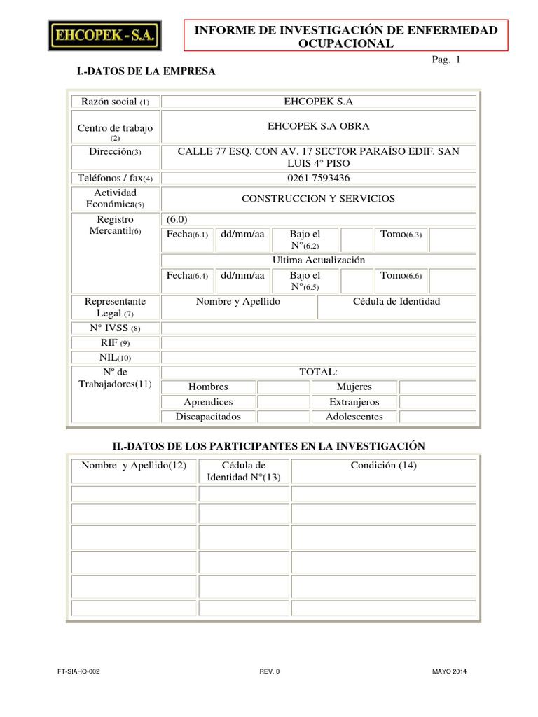 Ft-Siaho-002 Informe de Enfermedad Ocupacional Rev 0 May-14 | PDF | Seguridad y salud ...