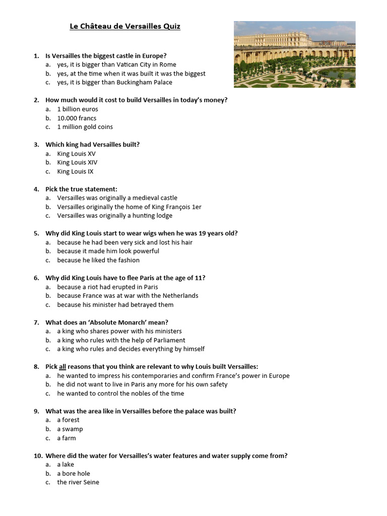 Worksheet On Versailles | PDF | Palace Of Versailles