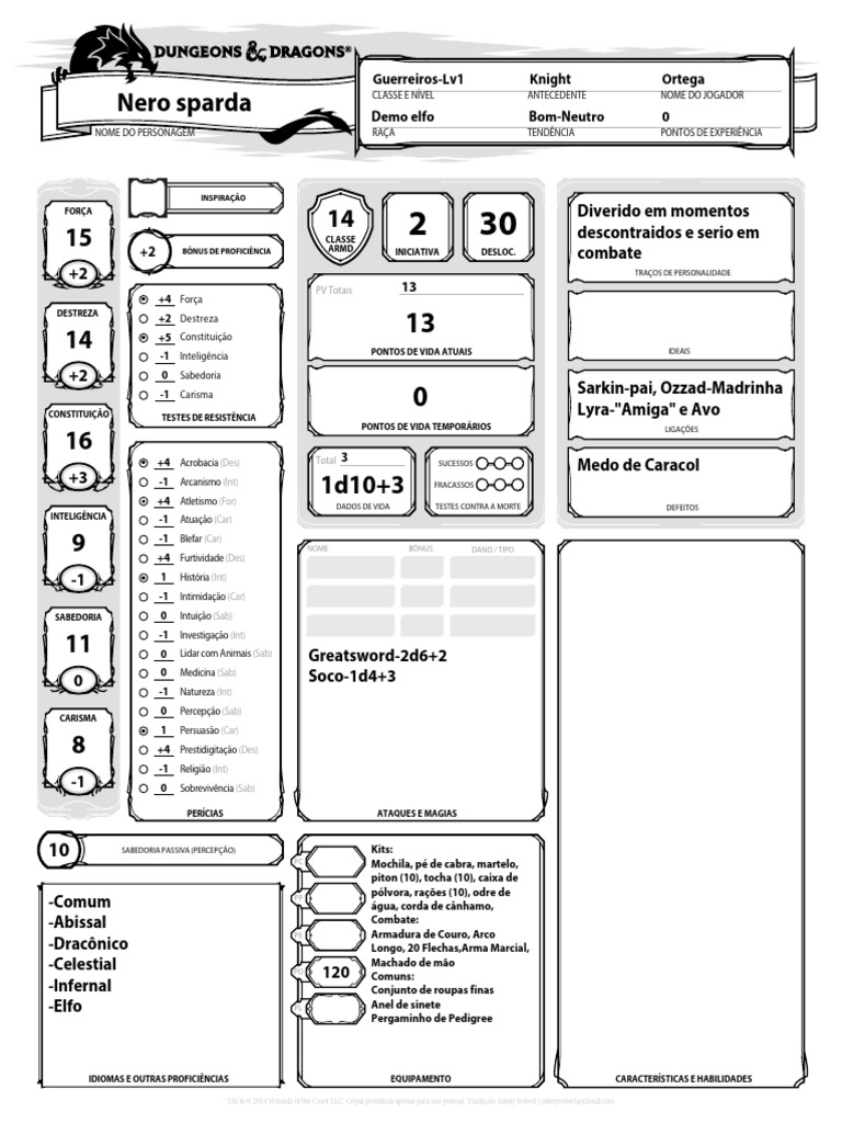 DD 5e Ficha de NeroSparda | PDF | Nero
