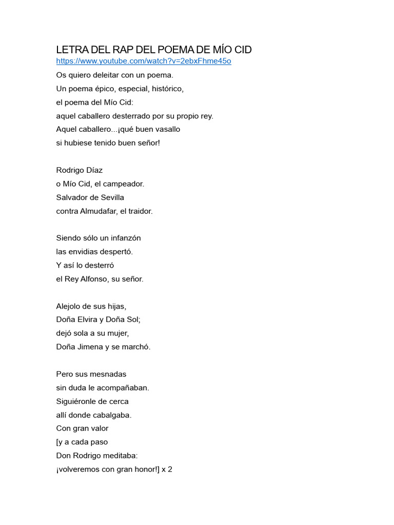 LETRA DEL RAP DEL POEMA DE MÍO CID Https | PDF