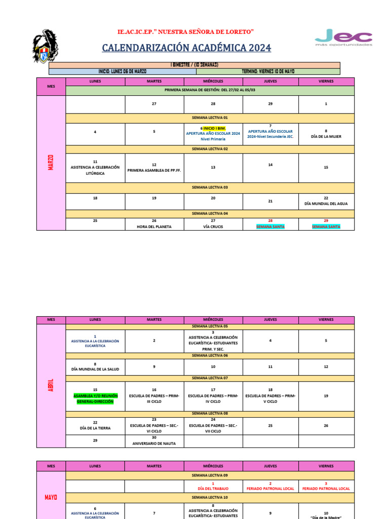 Calendarización Académica 2024 Actualizado NSL | PDF | Observancias | Días festivos