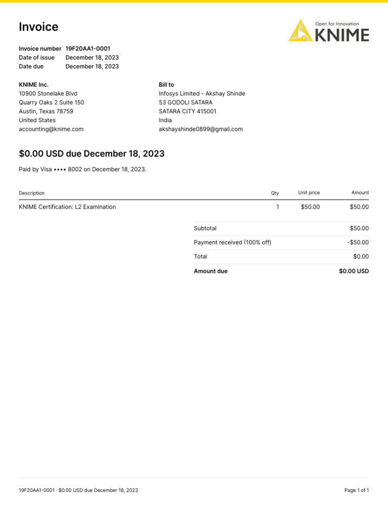 Akhay Shinde Invoice Knime 19 F20 AA10001 | PDF