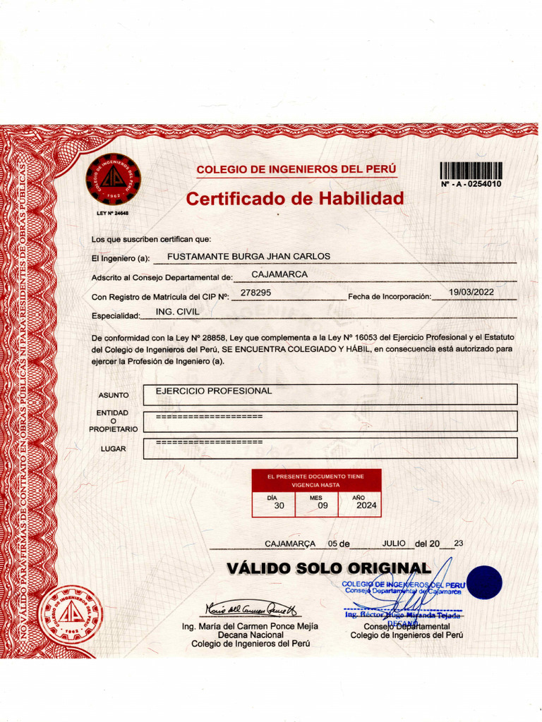 Certificado Habilidad Cip | PDF