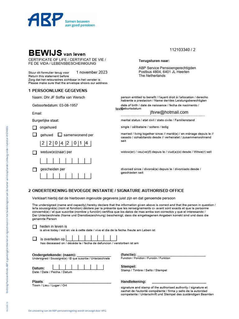 ABP Formulier Bewijs Van in Leven | PDF