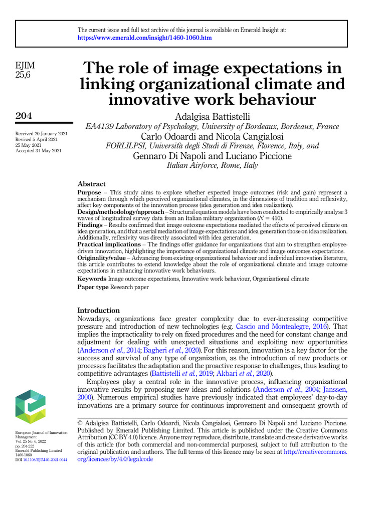 The Role of Image Expectations in Linking Organizational Climate and Innovative Work ...