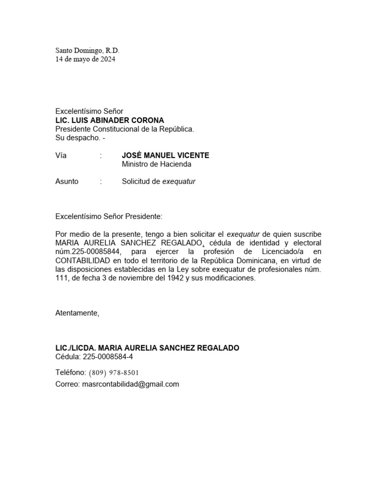 Carta Modelo de Solicitud Exequatur 10-05-2021 | PDF
