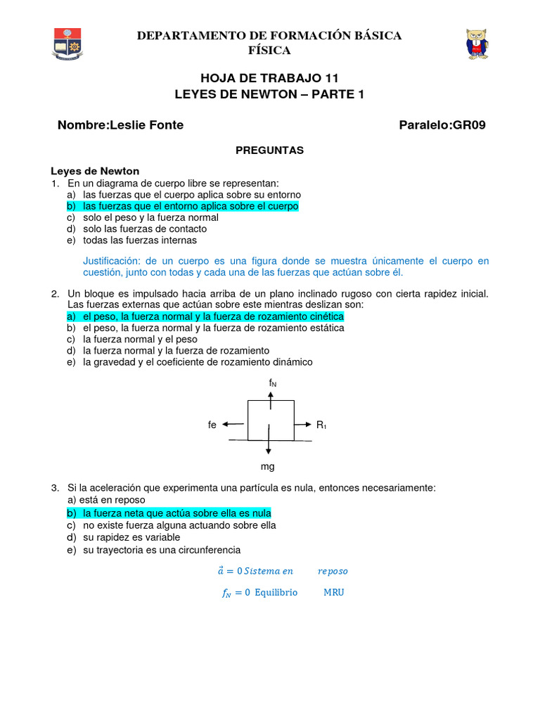 Hoja de Trabajo 11 - Leyes de Newton | PDF | Fuerza | Las leyes del ...