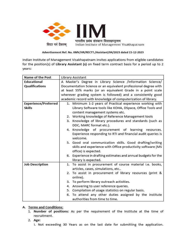 Notification For Library Assistant | PDF | Libraries | Recruitment