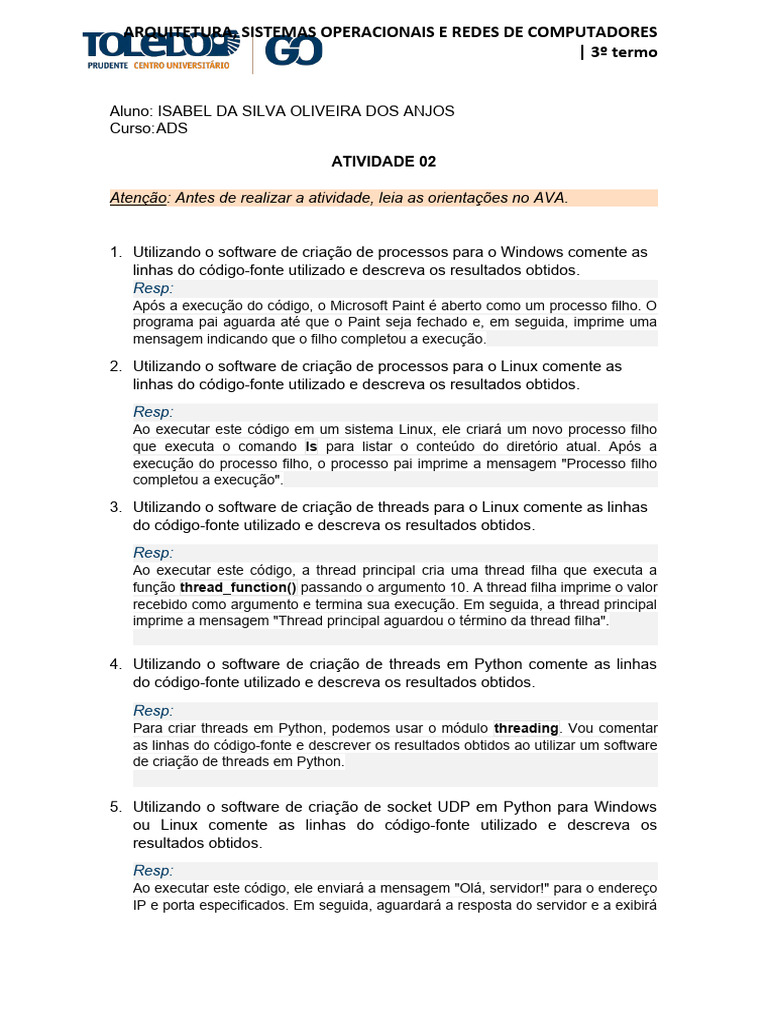 ArquiteturaSistOperRedesComputadores Atividade02 | PDF | Thread (informática) | Porta (rede de ...