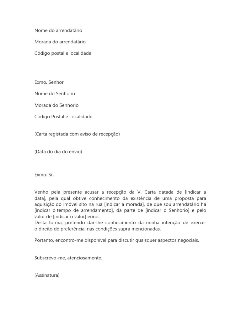 Carta Do Arrendatário Ao Senhorio para Exercício Do Direito de ...