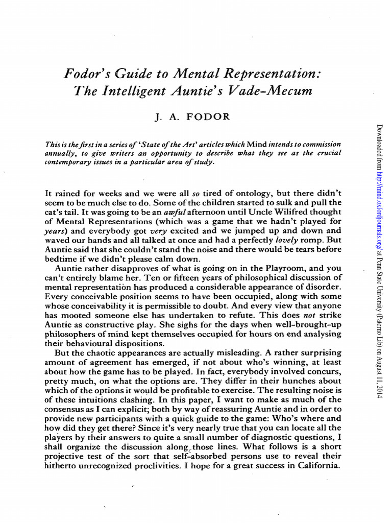 Fodor, J. A., Fodor's Guide To Mental Representation The Intelligent ...