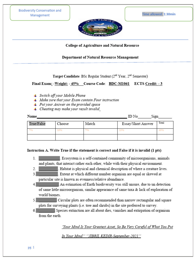 Biodiversity Exam Instructions and Questions | PDF | Biodiversity ...