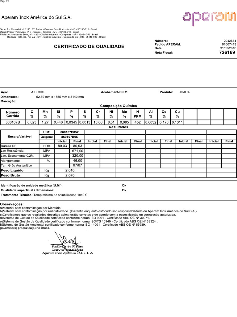 Certificado Chapa 2 | PDF | Elementos químicos | Materiais