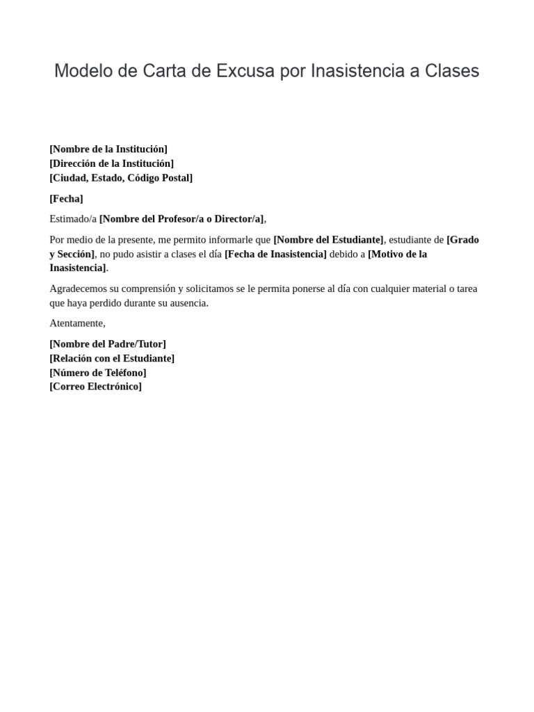 Modelo de Carta de Excusa Por Inasistencia A Clases | PDF | Crecimiento ...