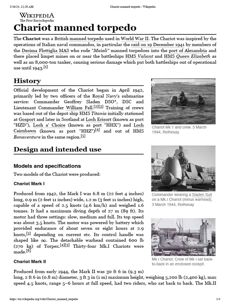 Chariot Manned Torpedo - Wikipedia | PDF | Warships | Naval Warfare