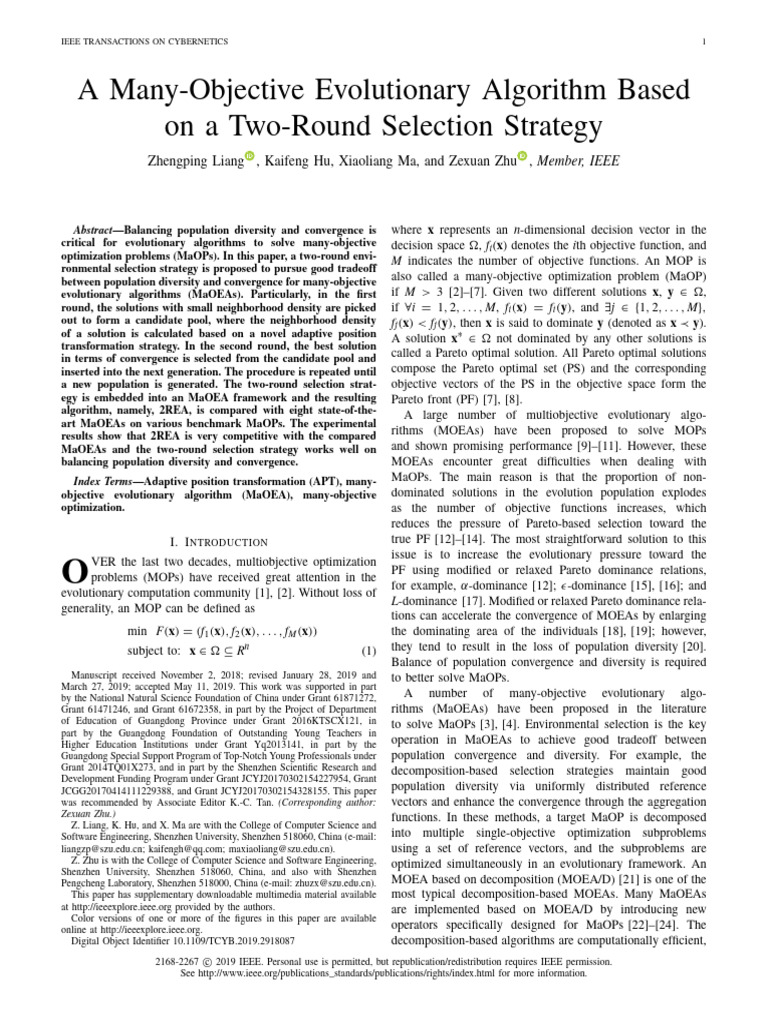 A Many Objective Evolutionary Algorithm Based On A Two Round Selection Strategy Pdf
