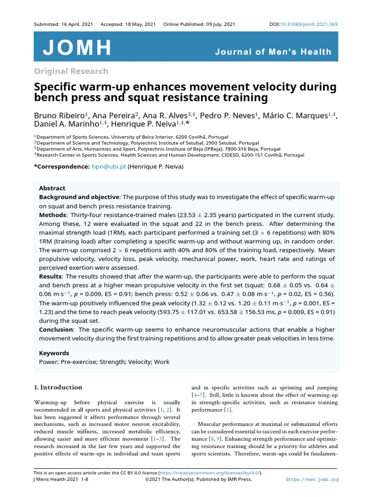 Specific Warm-Up Enhances Movement Velocity During Bench Press and Squat Resistance Training ...