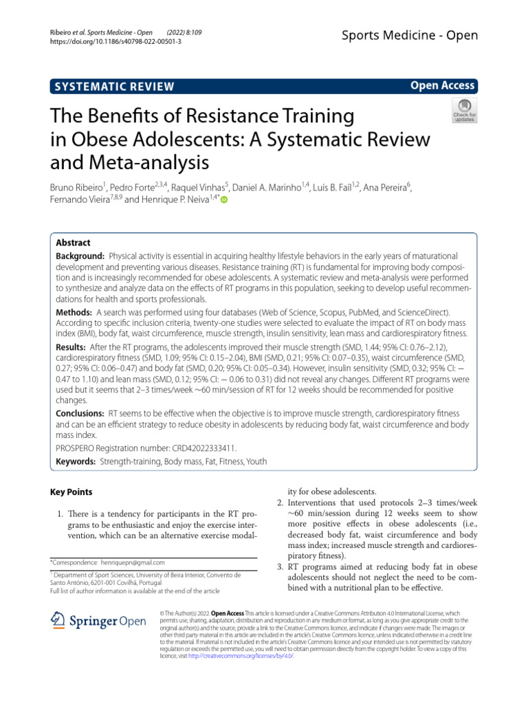 The Benefits of Resistance Training in Obese Adolescents Asystematic ...