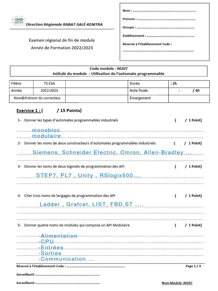 EFMR M207 Utilisation de L'automate Programmable Corrigé | PDF