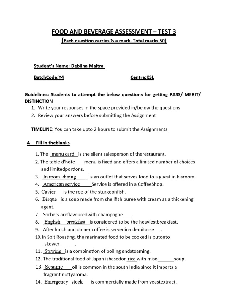 Deblina Maitra - F&B Assessment Test | PDF | Restaurants | Soup