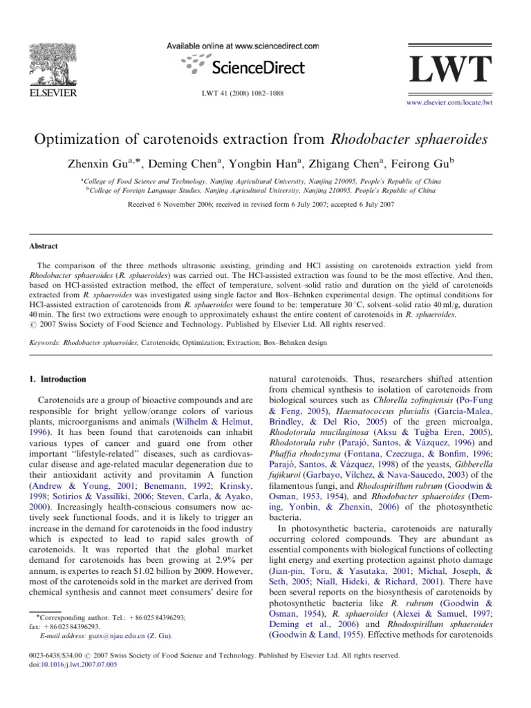 2008 GU Optimization Carotenoids Extraction From Rhodobacter | PDF | Analysis Of Variance