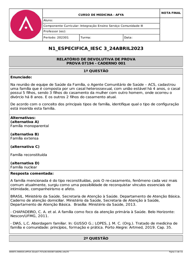 N1 Iesc 3 - 2023.1 | PDF | Família | Enfermagem