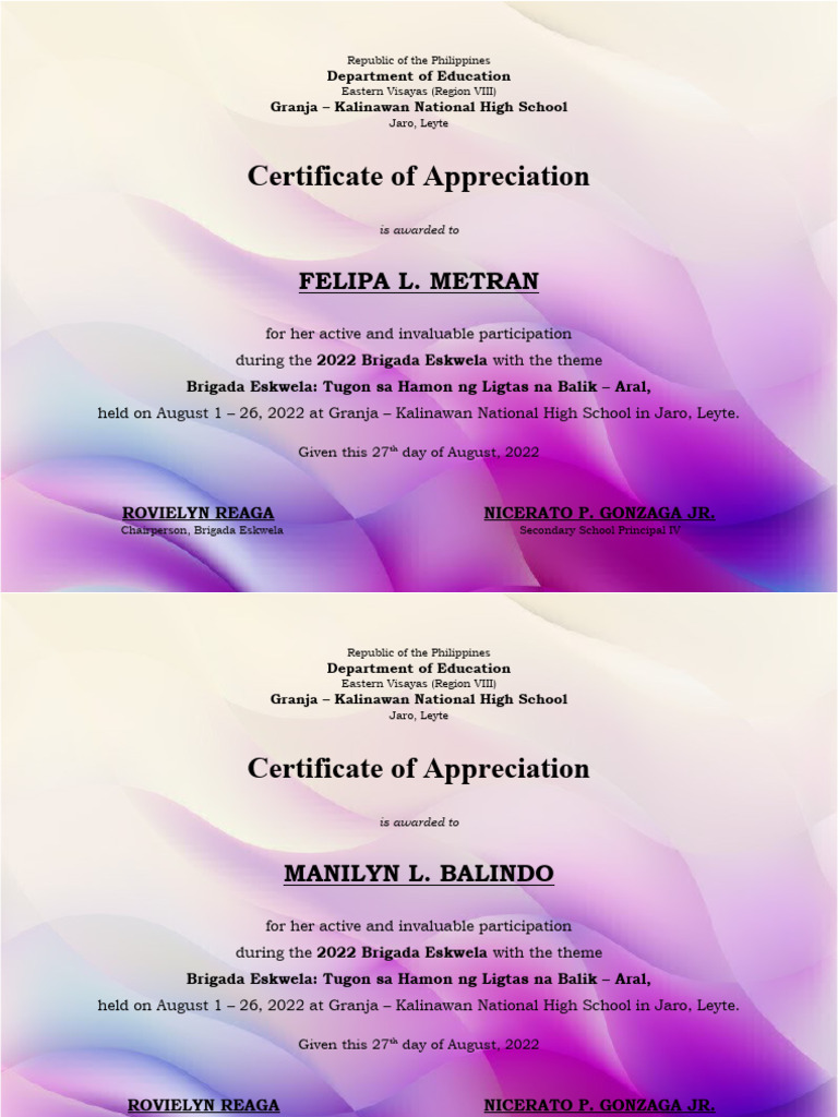 2022 Brigada Eskwela Certificates | PDF | Philippines