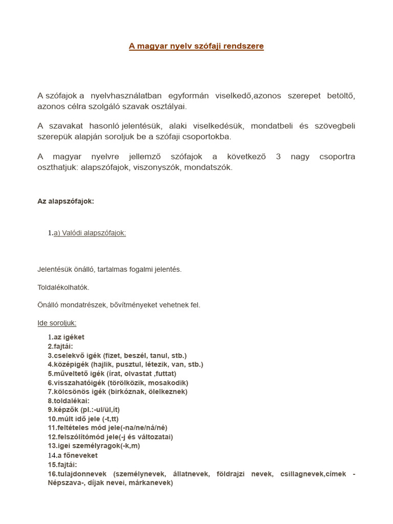 A Magyar Nyelv Szófaji Rendszere | PDF