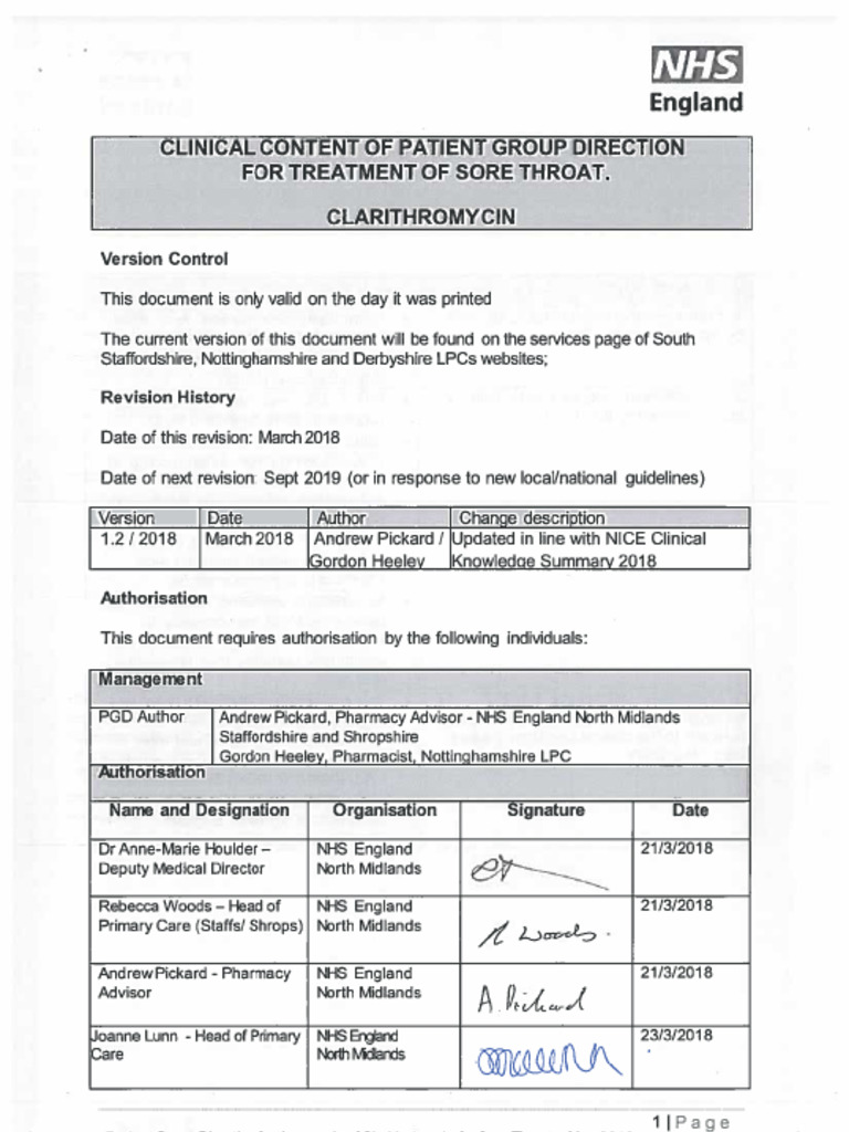 PGD Treatment of Sore Throat CLARITHROMYCIN | PDF
