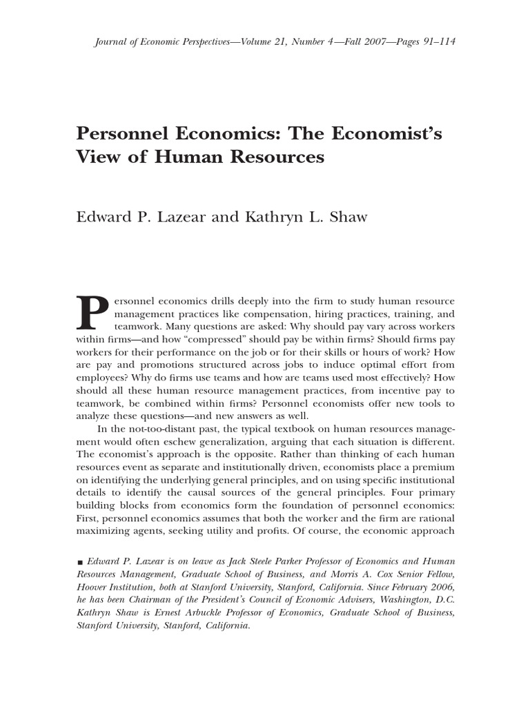 Lazear Shaw 2007 Personnel Economics The Economist S View of Human ...