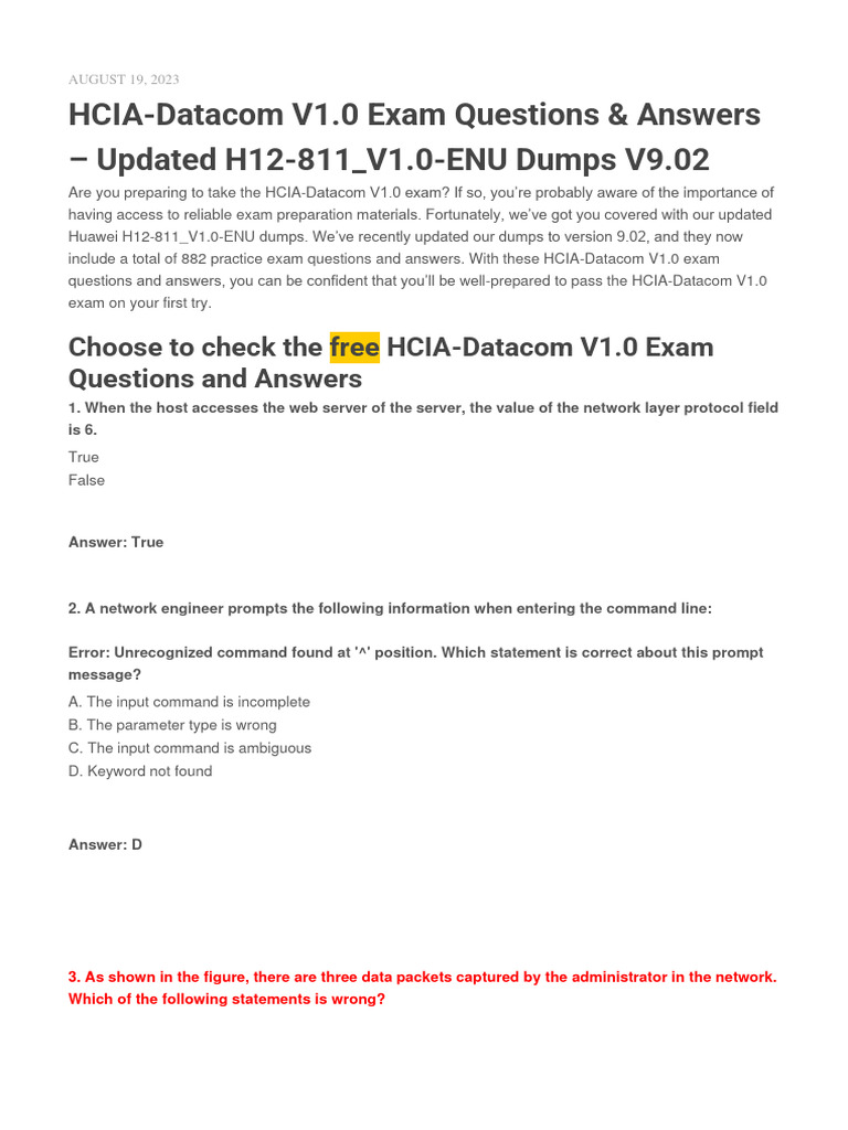 HCIA Datacom Exam 50 Q & Answers + Explaination | PDF | Transmission Control Protocol | Network ...