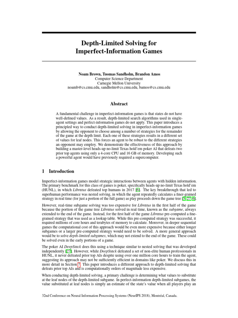 NeurIPS 2018 Depth Limited Solving For Imperfect Information Games ...