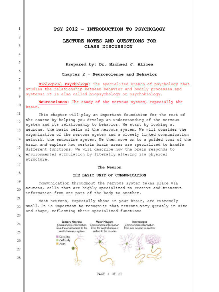 PSY 2012 - Chapter 2 - Lecture Notes - SPRING 2024 | PDF | Chemical ...