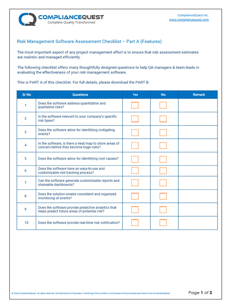 Risk Management Software Checklist Part A | PDF | Risk | Analytics