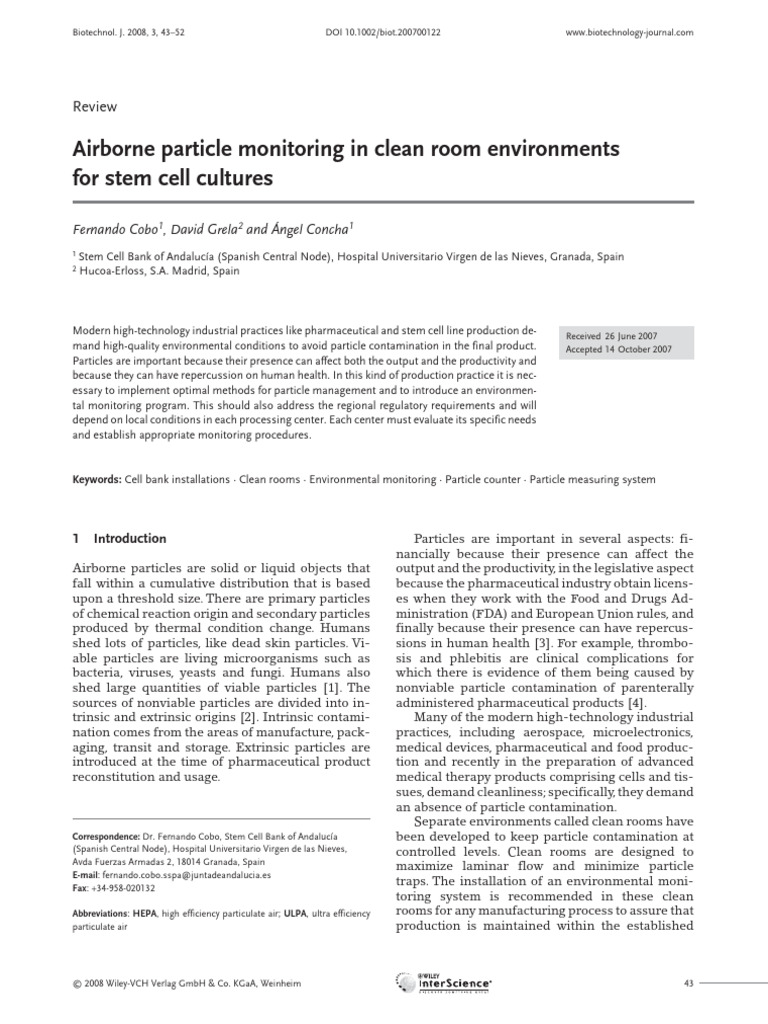 Airborne Particle Monitoring in Clean Room Environments For Stem Cell ...