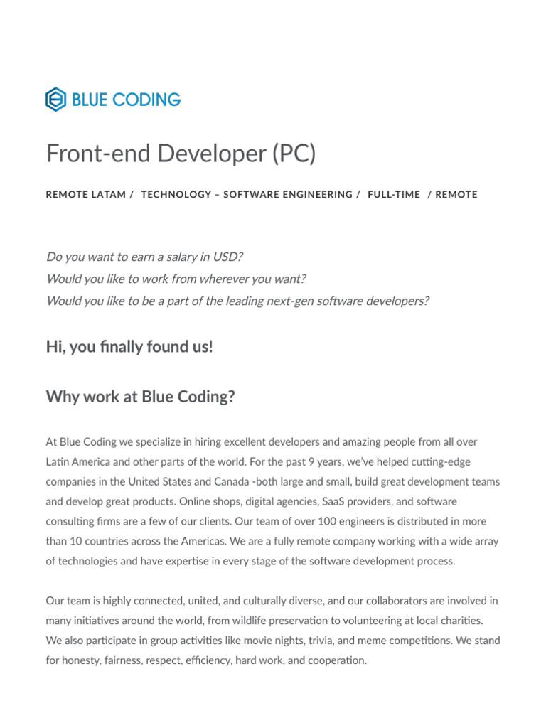 Blue Coding - Front-End Developer (PC) | PDF | Java Script | Systems Engineering